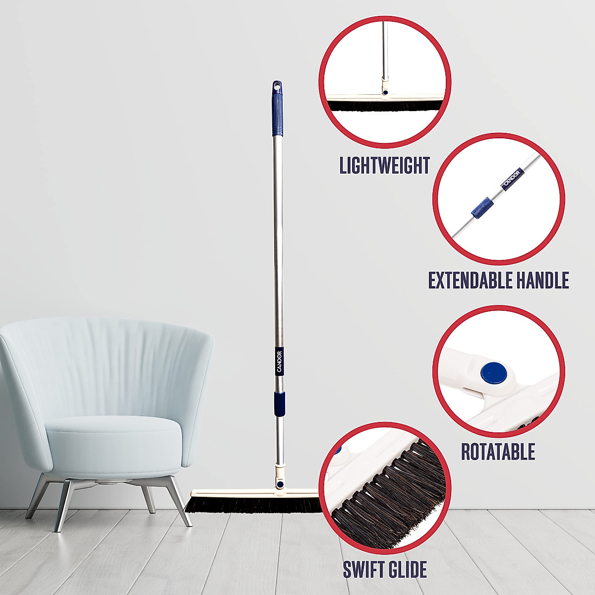 Candor Rotatable Push Broom | 63 Inch Long Lightweight Flexible Cleaning Brush Swiftly Glides Under Beds, Tables, Sofas, Ovens | Also Includes A Handy Brush to Clean The Broom | 18 Inch Head