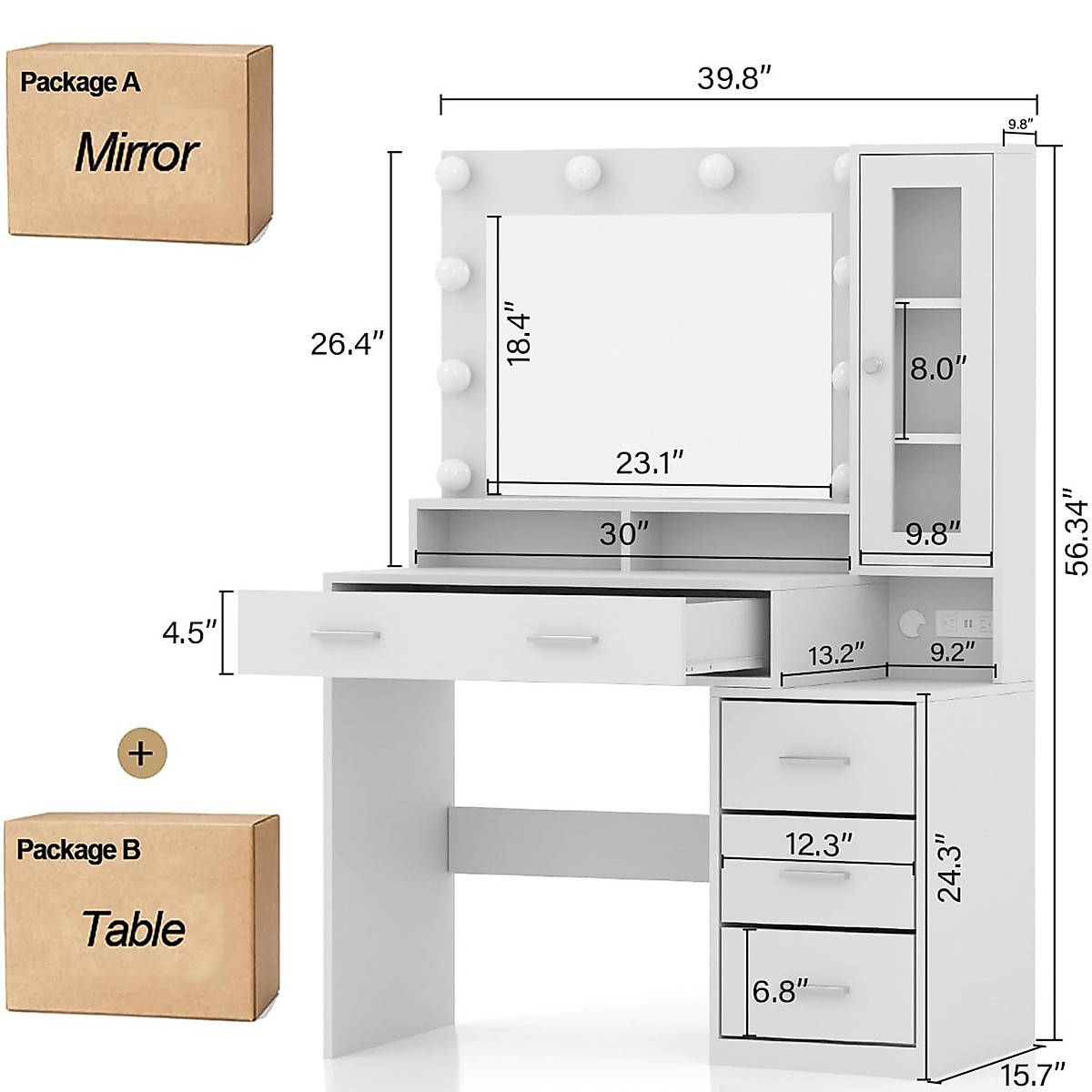 Likein Makeup Vanity with Charging Station, Makeup Vanity Desk with Mirror and Lights, Dressing Table with Nightstand Drawers & Cabinet for Women Girls Bedroom