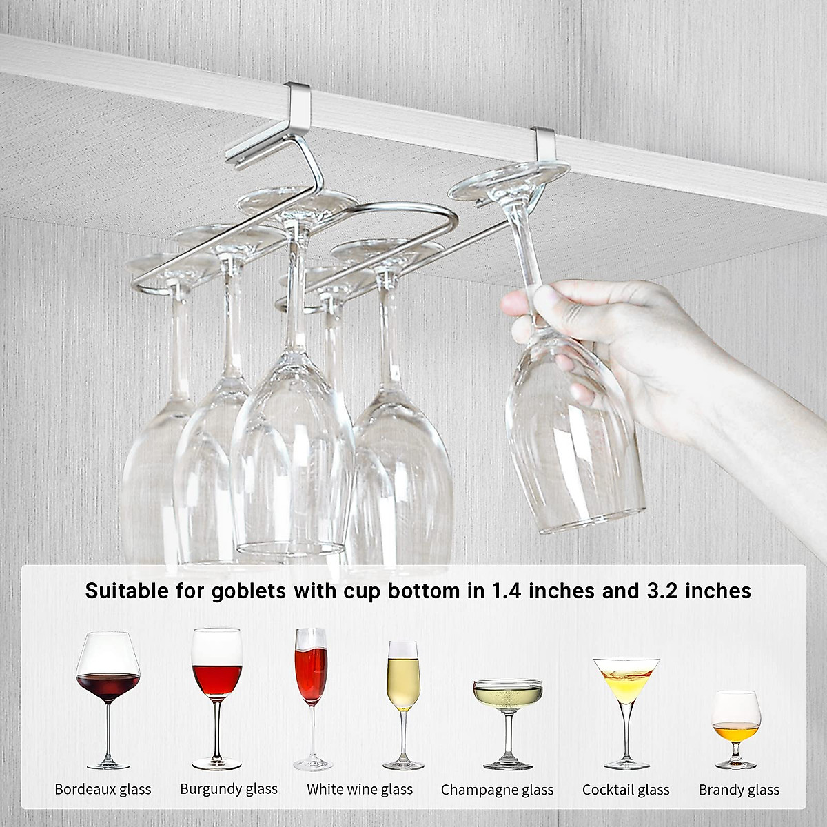 Tiilan Under Cabinet Stemware Rack, Hanging Wine Glass Holder for Kitchen, Bar, Pub - Stainless Steel, Pack of 1