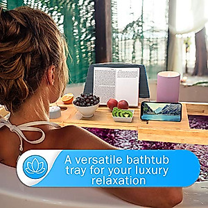 Luxury Bamboo Bathtub Caddy Tray, 1-2 Person SPA Bath and Bed Time, Adjustable Bathroom Bath Tub Organizer with Extending Sides Wine Glass Holder Book or Tablet Stand, Gift Bath Accessories for Women
