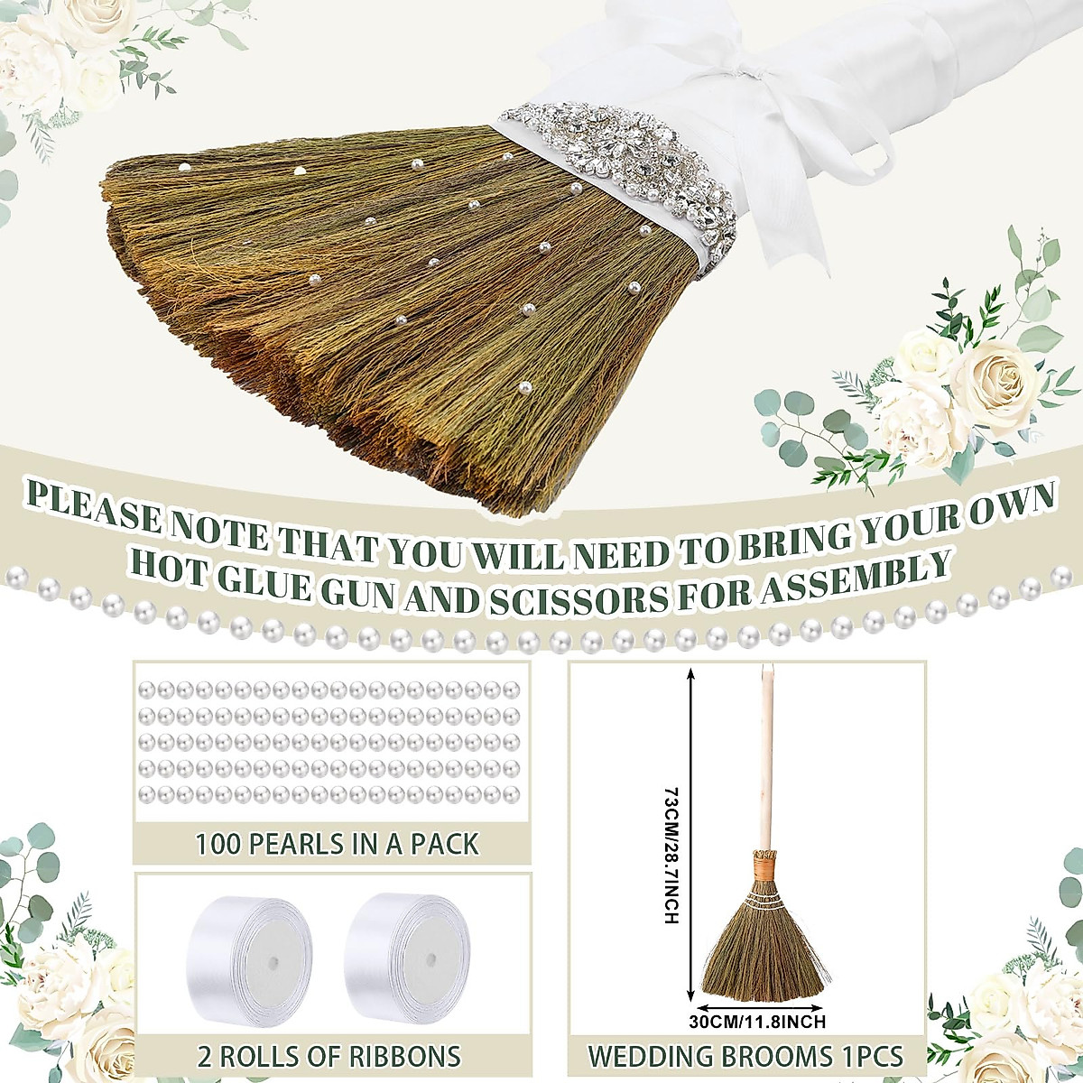 Yungyan Wedding Brooms DIY Bride Bridegroom Jump Broom 11.81 x 28.74 Inch Whisk Wedding Brooms Jumping Brooms with White Ribbons Artificial Pearl for African American Wedding Ceremony Crafts