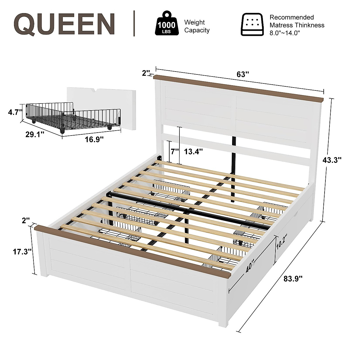 LUXOAK Queen Size Farmhouse Bed Frame with Headboard and 4 Sliding Drawers, Wooden Barn Door Panel Platform Bed with Wood Slats, Heavy Duty Mattress Foundation, Non-Slip & Noise-Free, Antique White