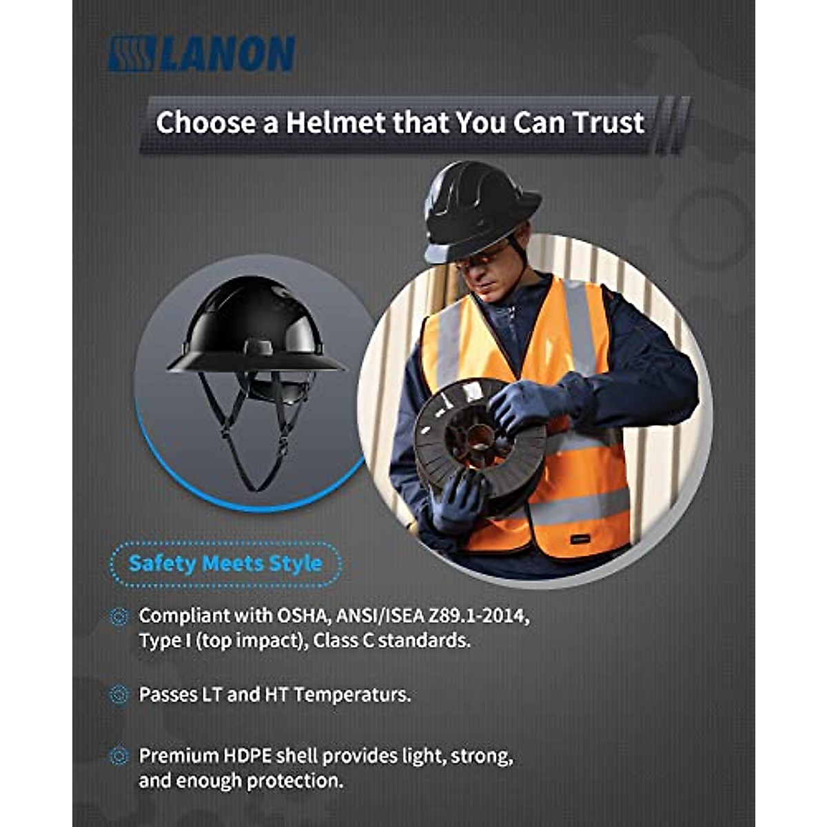 LANON Black Full Brim Hard Hat, OSHA Construction Work Approved, HDPE Safety Helmet with 4 Point Adjustable Ratchet Suspension, Class E, G & C