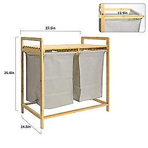 Baoz Bamboo Laundry Hamper with Shelf Freestanding Laundry Hamper 2 Section Dual Compartments Laundry Organizer with Removable Bags Space-Saving Laundry Organizer for Bathroom, Living Room, Bedroom