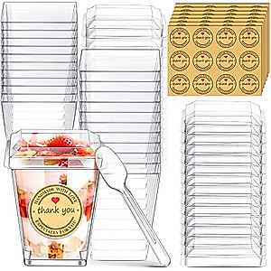 100 Packs Clear Plastic Dessert Cups with Spoons and Stickers, 6 oz Small Clear Plastic Parfait Cup Disposable Appetizer Cup Shooter Cup for Dessert Appetizers, Puddings, Mousse, Ice Cream (Square)