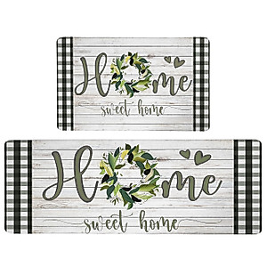 Qahing Farmhouse Kitchen Rugs Mats Sets of 2 Cushioned Anti Fatigue Kitchen Mats for Floor Spring Non Slip Memory Foam Kitchen Floor Mats Waterproof Comfort Standing Mats for Sink, 17.3"x28"+17.3"x47"