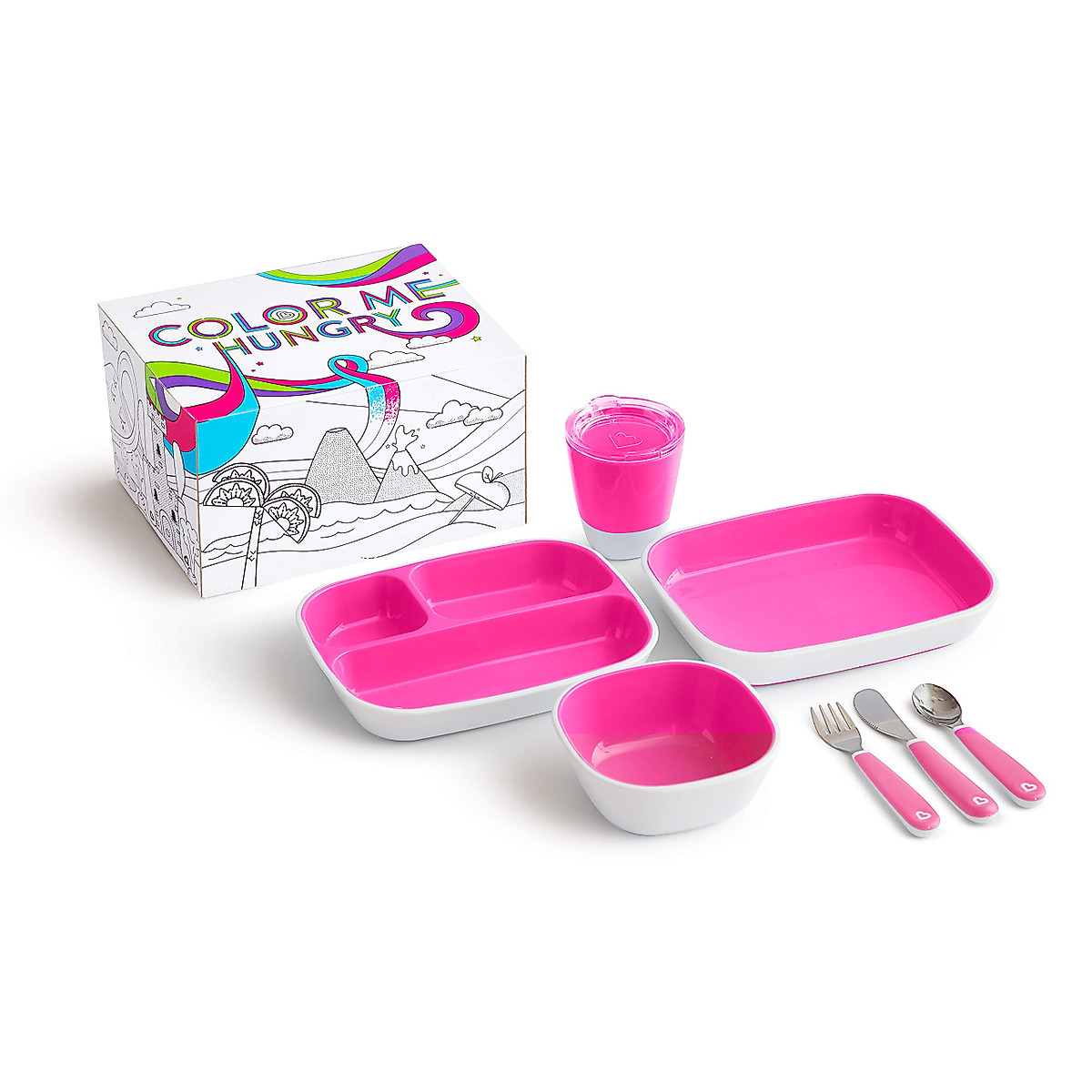 Munchkin® Color Me Hungry 7pc Toddler Feeding Supplies Set, Includes Plates, Bowl, Open Cup and Utensils in a Gift Box, Pink