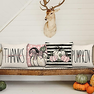 AnyDesign Fall Pillow Covers Gold Foil Pumpkin Throw Pillow Case Black Pink Autumn Decorative Cushion Cover for Harvest Farmhouse Thanksgiving Home Office Room Couch Sofa Decor, 18 x 18 Inch, 4Pcs