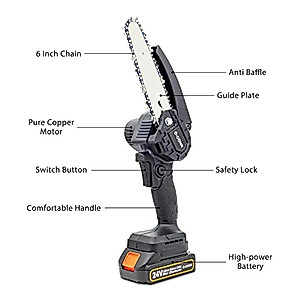 Mini Chainsaw, O-CONN Cordless 6 Inch Handheld Portable Electric Chainsaw with 2 Batteries 2 Chains, 24V Battery Powered with Safety Lock, for Tree Trimming Branch Wood Cutting