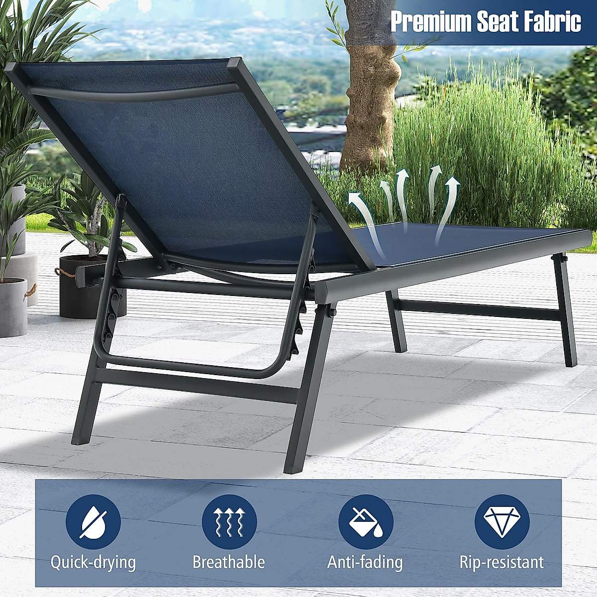 Tangkula 3 Piece Patio Chaise Lounge Set, Aluminum Patio Recliner with Coffee Table, 6-Level Backrest Adjustment, Outdoor Lounge Chair & Side Table Set for Poolside, Backyard (Navy Blue)