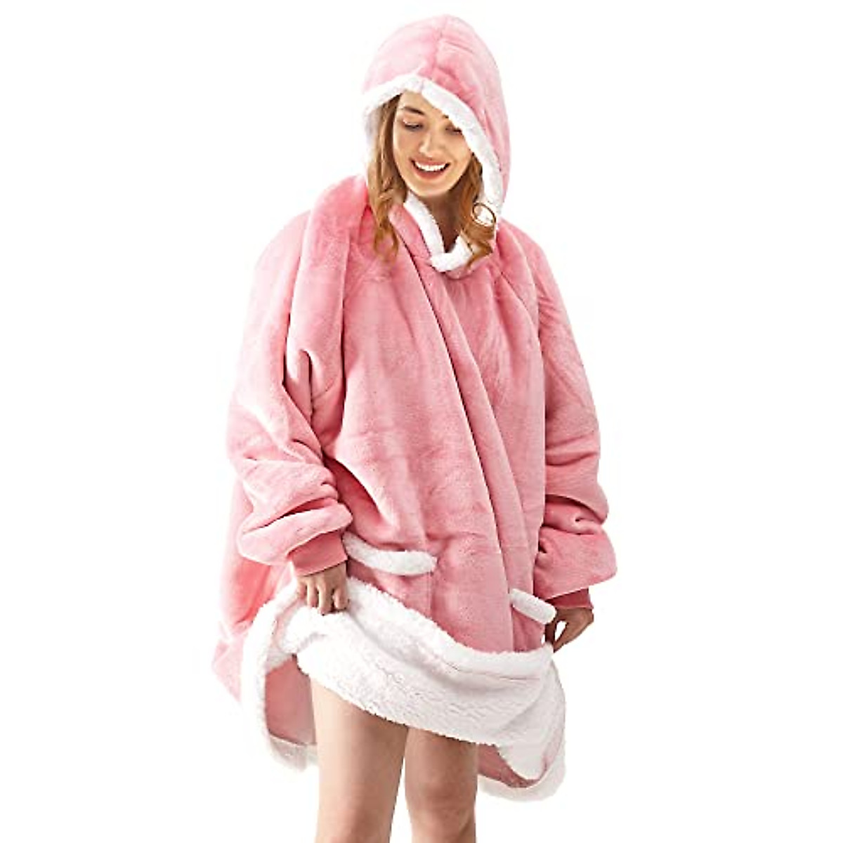 Deconovo Cozy Fuzzy Solid Wearable Blanket for Adult Children Friends Parents, All Season Sherpa Blanket Hoodies, Pink, Standard