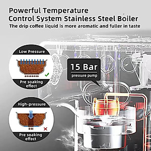 TWLITE 𝐄𝐬𝐩𝐫𝐞𝐬𝐬𝐨 𝐌𝐚𝐜𝐡𝐢𝐧𝐞 𝐰𝐢𝐭𝐡 𝐆𝐫𝐢𝐧𝐝𝐞𝐫, Professional Espresso Maker with Milk Frother Steam Wand, 15 Bar Barista Cappuccino Machine
