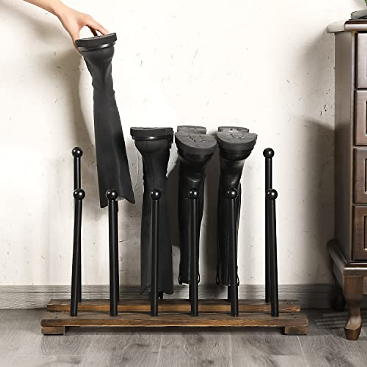 MyGift Modern Entryway Black Metal Boots and Shoe Rack with Rustic Burnt Solid Wood Base, Freestanding Tall Cowboy Boots Work Boot Organizer, Holds 6 Pairs