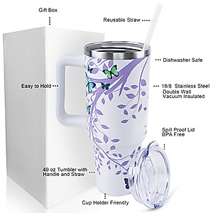 PERRIFIC Butterfly Tumbler 40 oz Tumbler with Handle and Straw Lid Leak Proof - Butterfly Coffee Travel Mug with Handle Insulated for Hot and Cold Drink Ice - Mothers Day Birthday Gifts for Women Cup