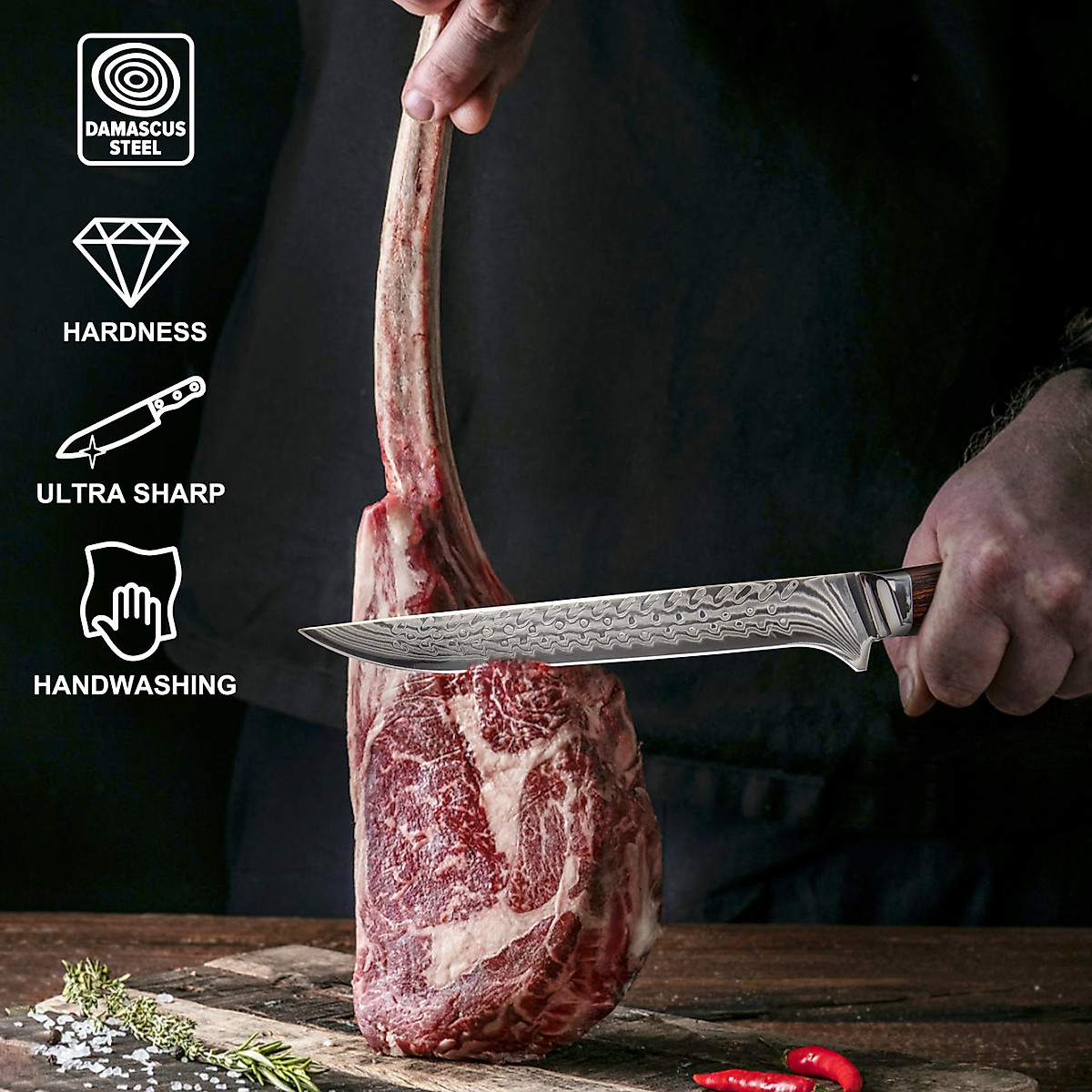 RedCall Boning & Fillet Knife,Ultra Sharp Japanese Boning Knife,Damascus Steel Butchers Knife,Full Tang & Ergonomic Handle Ideal Gift