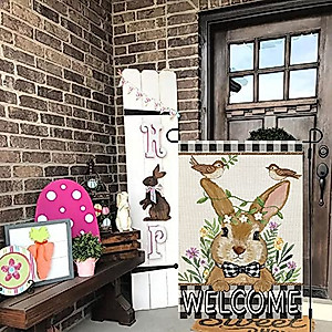 CROWNED BEAUTY Easter Bunny Garden Flag Floral 12x18 Inch Double Sided for Outside Burlap Small Buffalo Plaid Birds Welcome Yard Holiday Flag CF717-12