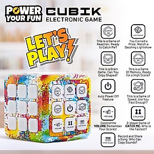 Power Your Fun Cubik LED Flashing Cube Memory Game - Electronic Handheld Game, 5 Brain Memory Games for Kids STEM Sensory Toys Brain Game Puzzle Fidget Light Up Cube Stress Relief Fidget Toy (Tie Dye)