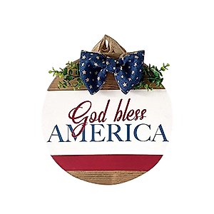 4th of July Patriotic Welcome Sign Decorations, American Independence Day Patriotic Wreaths for Front Door, Wooden Hanging Door Sign for Home Garden Decor