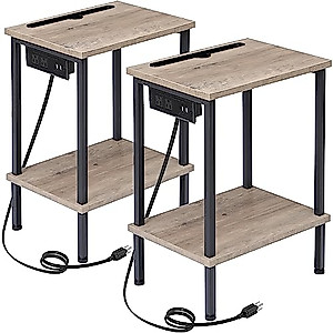 AMHANCIBLE Small Nightstand Set of 2, Side Tables with Charging Station, Night Stand with USB Ports and Outlets, End Tables for Small Space, 2-Tier Storage Shelf, Metal Frame HET032GY