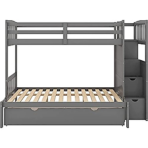 DNYN Stairway Twin Over Full & Twin Bunk Bed with Storage Shelves & Drawers,Convertible Bunkbeds,Wooden Home Furniture Bedframe,No Box Spring Need,Perfect for Kids Bedroom,Guest Room, Gray