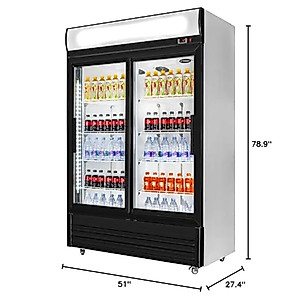 FRICOOL Merchandiser Refrigerator 2 Sliding Doors, 31 cu ft Beverage Display Cooler, Commercial Upright Fridge with LED Lighting, Adjustable Shelves for Displaying Beverages and Drinks, Black