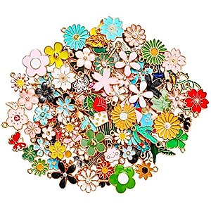 MARFOREVER 120 Pcs Easter Gifts for Women Girls Spring Easter Floral Themed Flower Charms for Jewelry Making, Assorted Gold Enamel Charm Pendants for DIY Necklace Bracelet Earrings Making Supplies