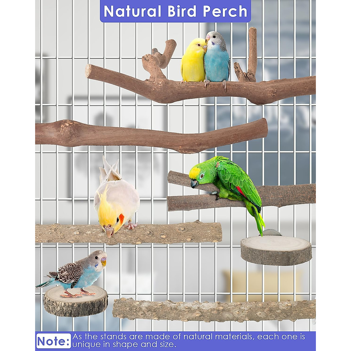 Bissap Bird Perch Stand 7PCS, Natural Grape Wood Pole Standing Parrot Cage Branch Paw Grinding Fork Parakeet Platform Hammock for Conures Budgies Finches Cockatiels Small Birds Exercise Training