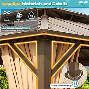 EROMMY Hardtop Gazebo 12' x 12', Galvanized Steel Double Roof Gazebo with Aluminum Frame, Permanent Outdoor Metal Pavilion with Curtain and Netting for Patio, Lawn and Garden