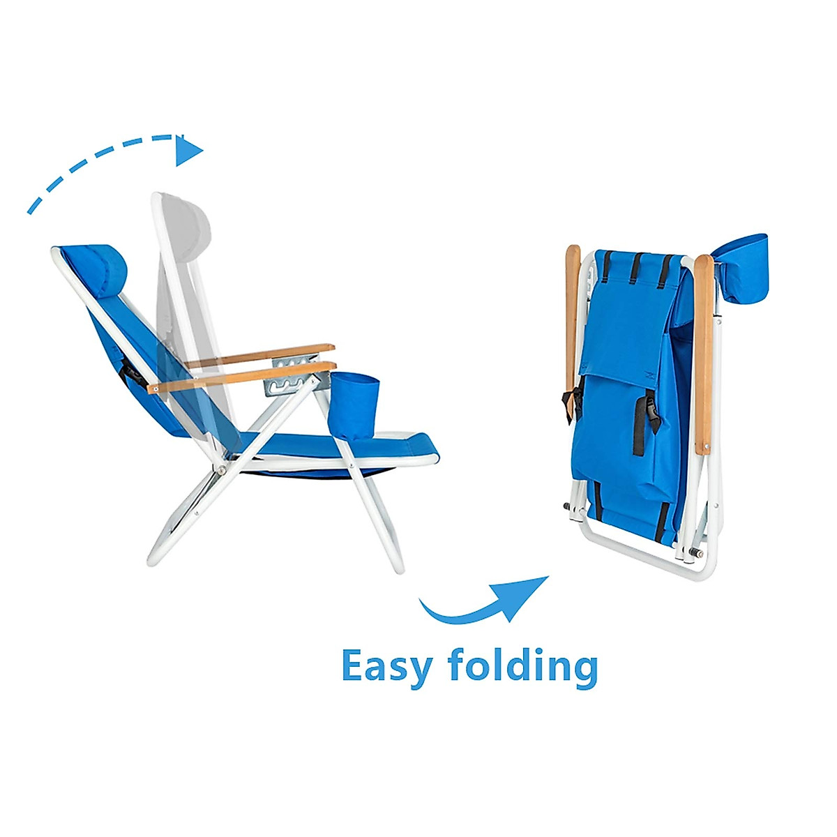 Backpack Beach Chair with Cup Holder for Adults, Folding Beach Chairs for Outside, Camping Chair with Adjustable Headrest Pillow,Outdoor Garden Park Pool Side Lounge Chair,for Outdoor Patio Pool