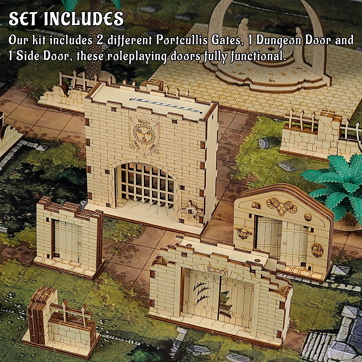 Dungeon Door & Portcullis Gate Miniatures (Set of 4) Wooden Laser Cut Open and Closed Fantasy Terrain 28mm Scale for Dungeons & Dragons, Pathfinder, D&D and Other Tabletop RPG
