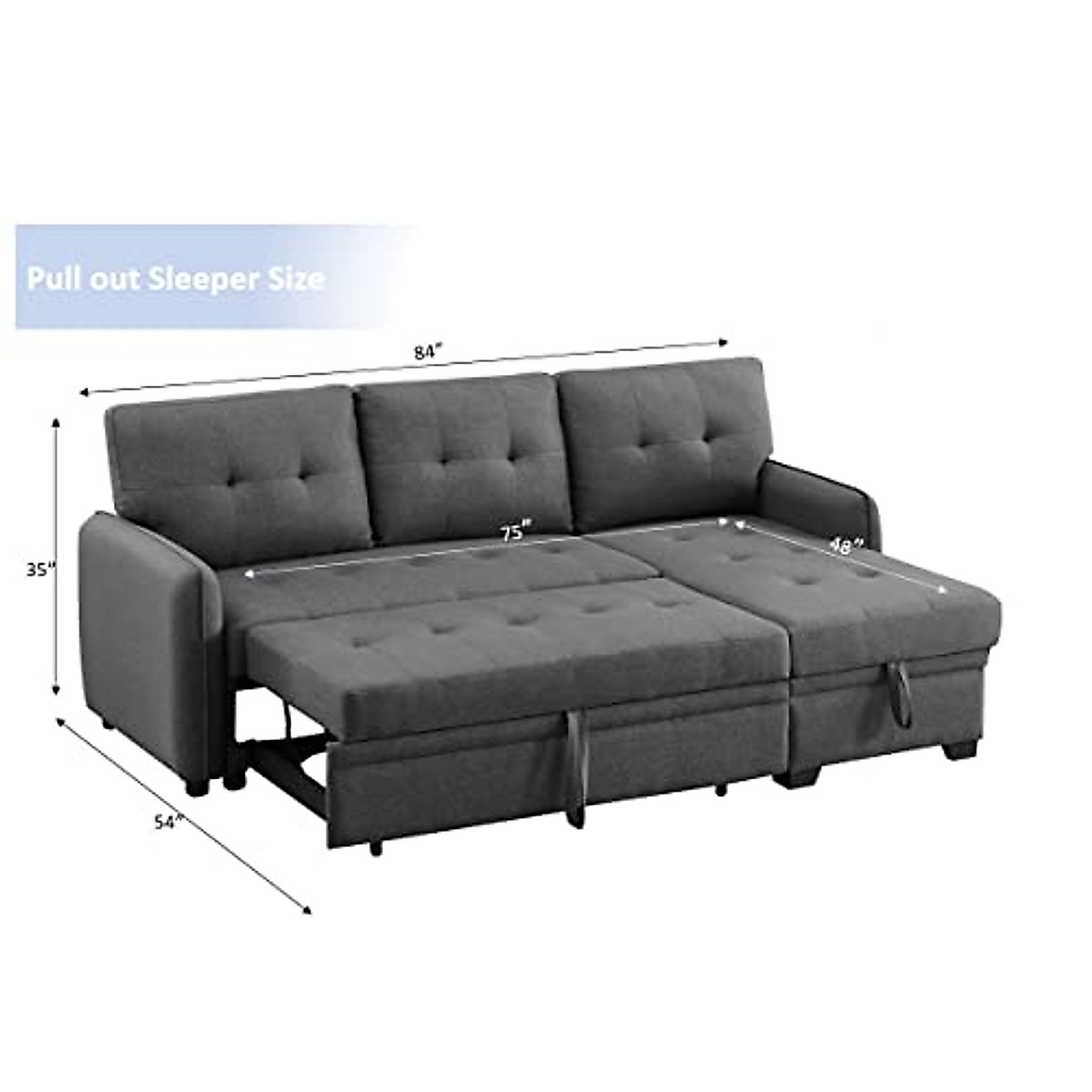 INFINI FURNISHINGS Reversible Storage Chaise Lounge 84" Wide Sectional Sofa with Pull Out Sleeper Bed, Dark Gray