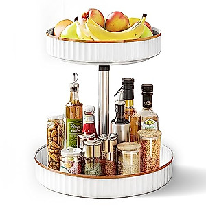 LAWBALA 2 Tier Lazy Susan Organizer,Rotating Spice Rack Organizer for Countertop Table Cabinet,Fruit Basket for Kitchen Counter,Spinning Condiment Rack,Snack Spinner (White)