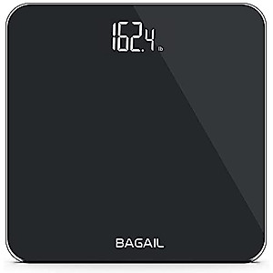 BAGAIL BASICS Bathroom Scale, Digital Weighing Scale with High Precision Sensors and Tempered Glass, Ultra Slim, Step-on Technology, Shine-Through Display - 15Yr Guarantee Black