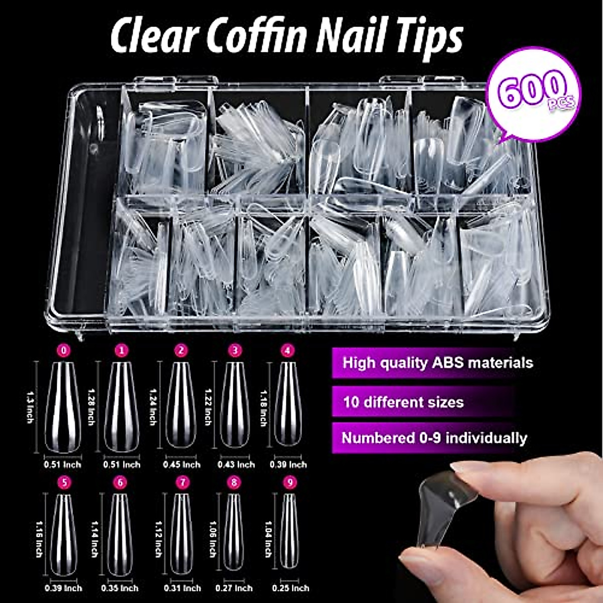 Clear Coffin Nail Tips Set, Teenitor Long Acrylic Nail Tip Full Cover Clear Press On Nails, 600pcs Ballerina False Nails Tips With Nail Glue, Acrylic Nail Clipper Files And Buffer Polisher Nail Brush for Beginners