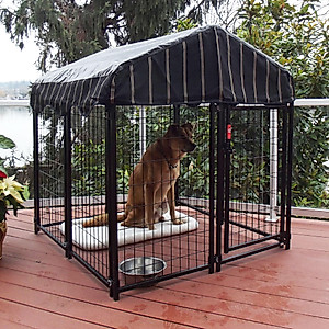 Lucky Dog 4 Feet Uptown Welded Steel Wire Mesh Secure Outdoor Dog Kennel Playpen Crate with Waterproof Cover and Lockable Gate, Black