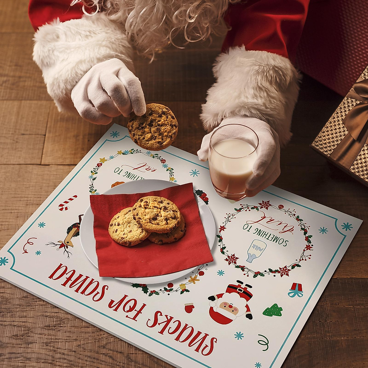 Layhit Santa Cookie Plate for Kids Christmas Cookies Plate Rectangle Wooden Santa Treat Tray Christmas Eve Tableware Putting Milk Mugs and Reindeer Snacks Cute Placemats for Xmas Decoration Supplies