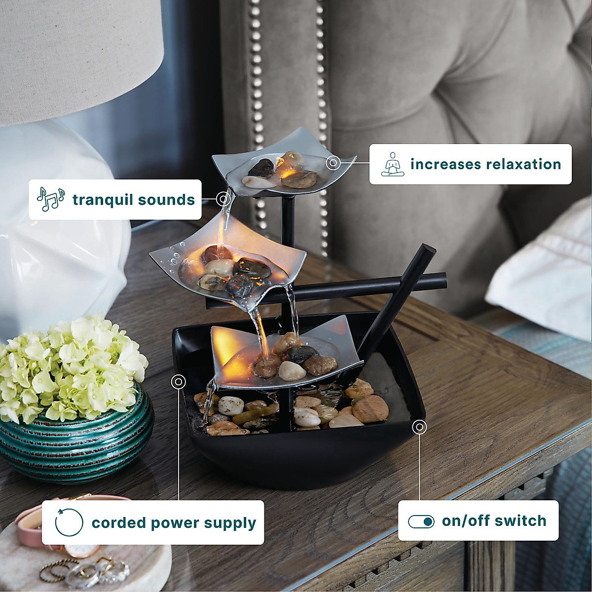 HoMedics Indoor 3-Tier Relaxation Tabletop Fountain, Automatic Pump with Power Switch, Extra Deep Basin with Natural River Rocks and Reflective Lighting Feature, EnviraScape Silver Springs