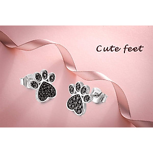 S925 Sterling Silver Jewelry Puppy Dog Cat Pet Paw Print Black CZ Stud Earrings