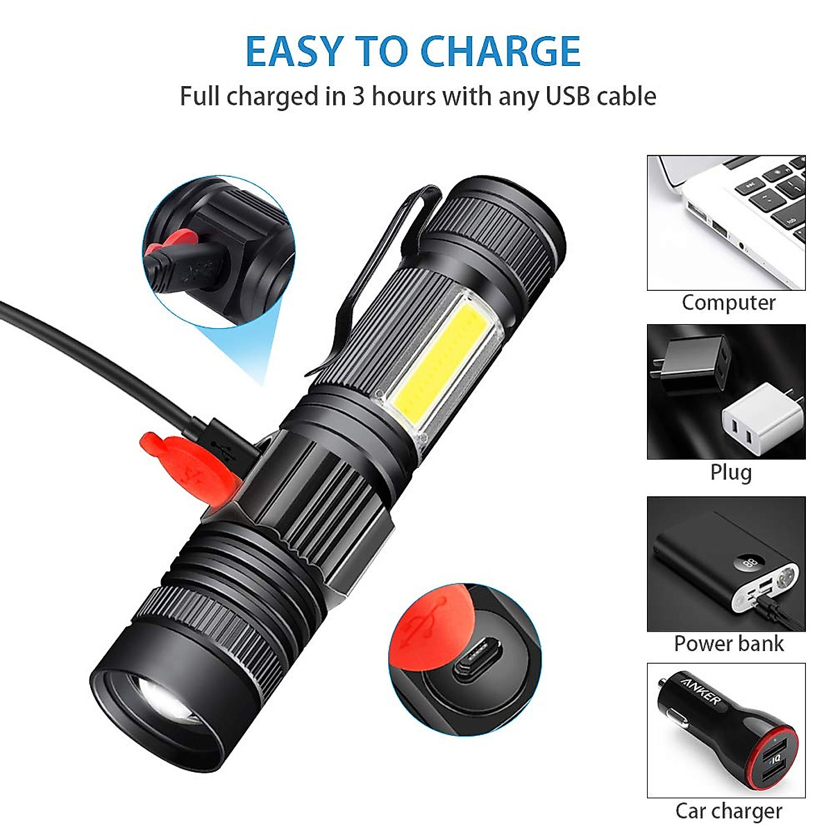Rechargeable LED Flashlights, Magnetic Flashlight Super Bright Tactical Flashlight with SideLight,USB Rechargeable,Zoomable,Waterproof Best Small Flashlight for Camping, Emergency