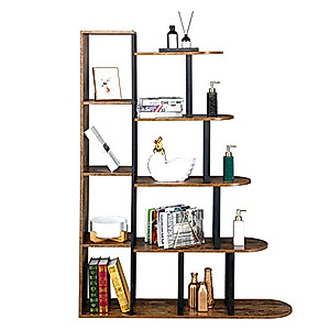 VINGLI 5-Tier Bookshelf, 5 Shelf Geometric Industrial Rustic Open Bookcase, 62.99" H L-Shape Freestanding Corner Ladder Shelf for Living Room, Study, Office, Retro Brown