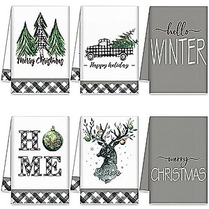 Oudain Sets of 6 Christmas Kitchen Towels and Dishcloths Xmas Tree Truck Dish Towels Hello Winter Kitchen Hand Towels Kit Christmas Novelty Gifts for Christmas Party Supplies