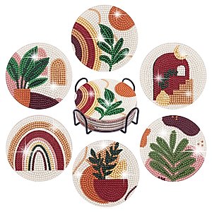 Temlum 6 Pcs Diamond Painting Coasters with Holder, Abstract Plants Coasters Diamond Art Kits for Beginners, Adults Small Diamond Painting Kit Art Craft Supplies