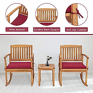 Kinsunny 3 Piece Wood Patio Bistro Rocking Chairs Outdoor Chat Wooden Rocker Conversation Set with Cushions and End Table for Garden, Pool, Backyard