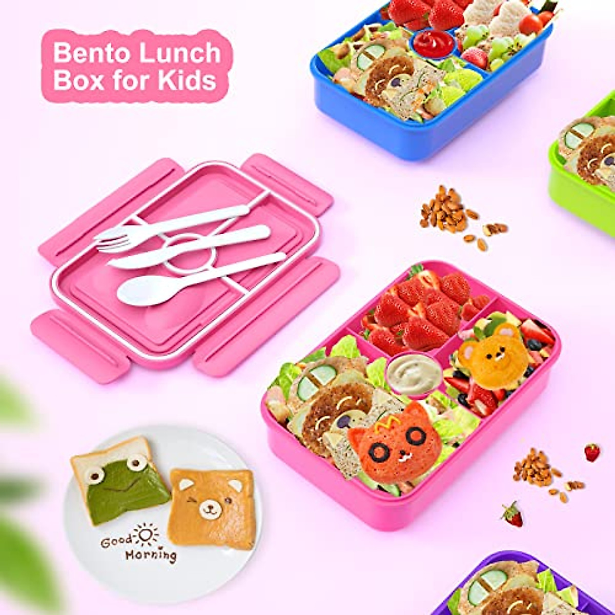 KEMETHY Bento Lunch Box for Kids, 4 Compartment Lunch Box Kids, Leak Proof Lunchbox with Tableware for Kids Lunch boxes for School, Microwave/Dishwasher/Freezer Safe, BPA-Free and Reusable, Pink