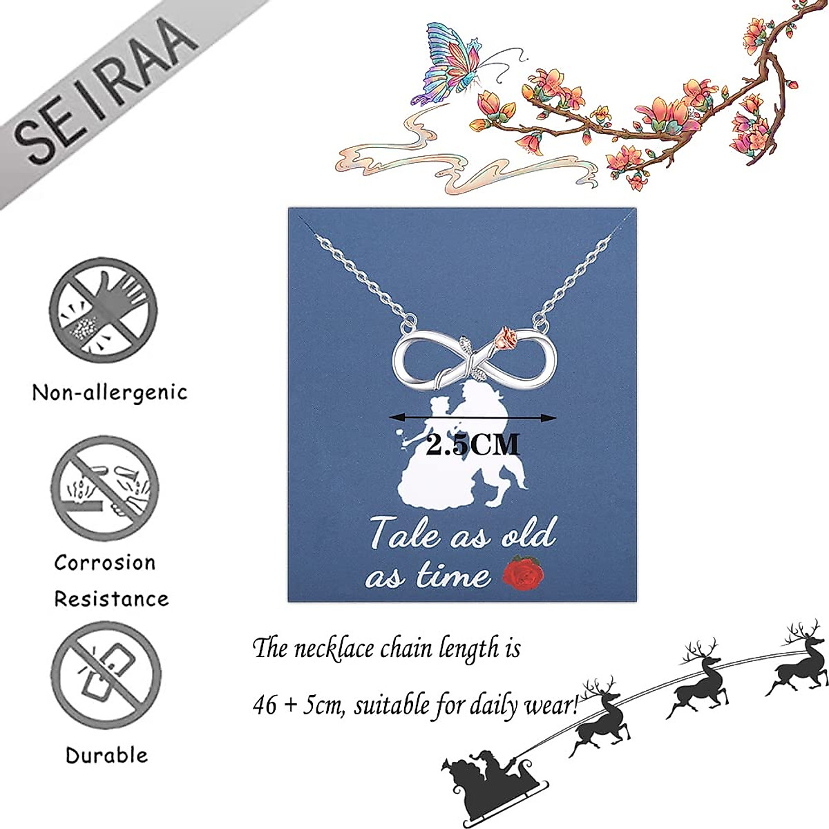 SEIRAA Tale as Old as Time Jewelry Rose Flower Pendant Necklace Fairytale Gifts (Rose Flower Necklace)