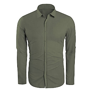 Maiyifu-GJ Mens Long Sleeve Linen Solid T-Shirts Casual Cotton Buttons Down Beach Shirts Plain Roll-Up Sleeve Summer Blouses (Green,Large)