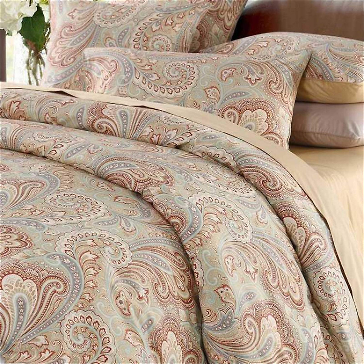 ABREEZE Cotton Damask Queen Duvet Cover Set Paisley Bedding Set 1 Duvet Cover with 2 Pillowcases 100% Egyptian Long-Staple Cotton Khaki,3pcs