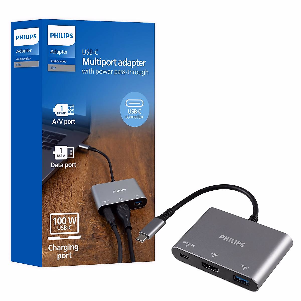 Philips USB C Hub to Multiport Adapter, 3 in 1 Power Pass Through, HDMI 4k@30Hz, 60W USB C Charging Port, 5Gbps USB 3.0 Port for MacBook Pro, MacBook Air, UCB C Laptop Docking Station, DLK9220C/27