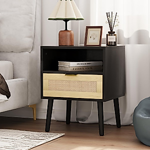 Smuxee Black Rattan Nightstand with Drawer, Boho Large Bedside Table with Open Shelf, Side Table for Bedroom, Study Room