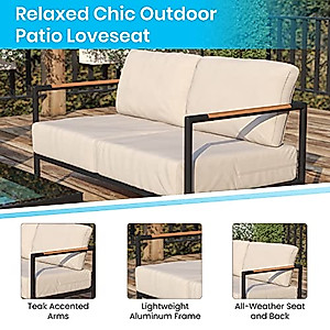 Flash Furniture Modern Patio Loveseat With Cushions - Contemporary Black Frame and Teak Accented Arms - Beige Cushions - Zippered Removable Covers